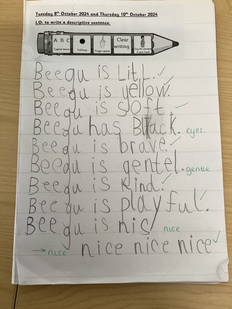 Beegu writing in Year 1 – Corpus Christi Catholic Primary School, Gateshead
